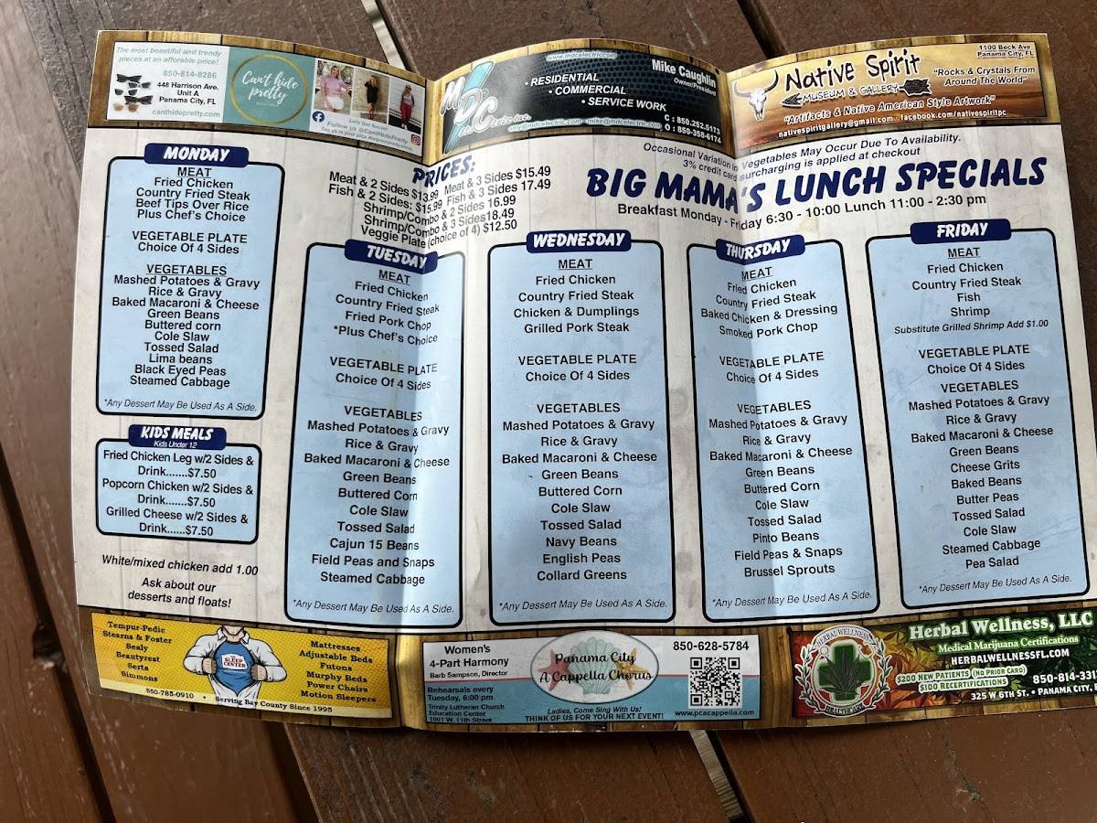 Menu at Big Mama's on the Bayou restaurant, Panama City, 620 W Beach Dr
