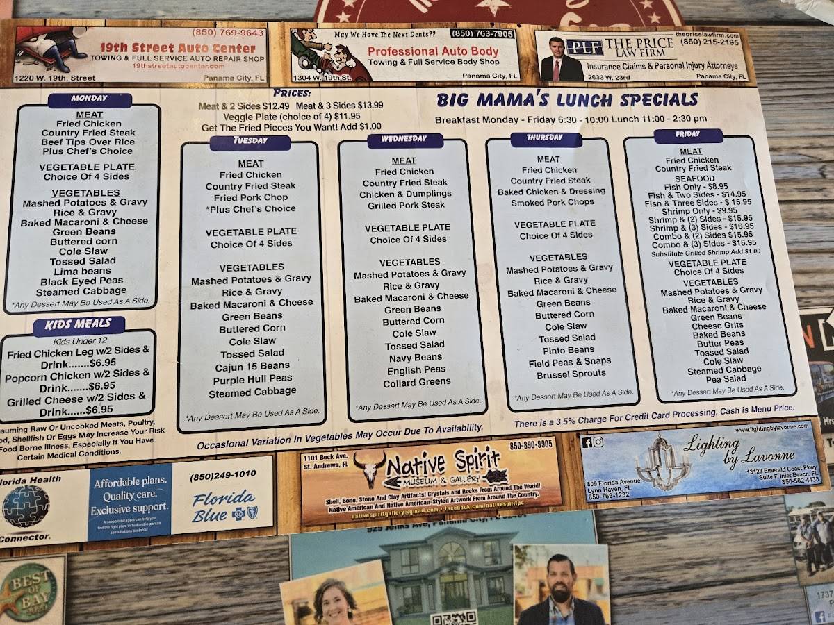 Menu at Big Mama's on the Bayou restaurant, Panama City, 620 W Beach Dr