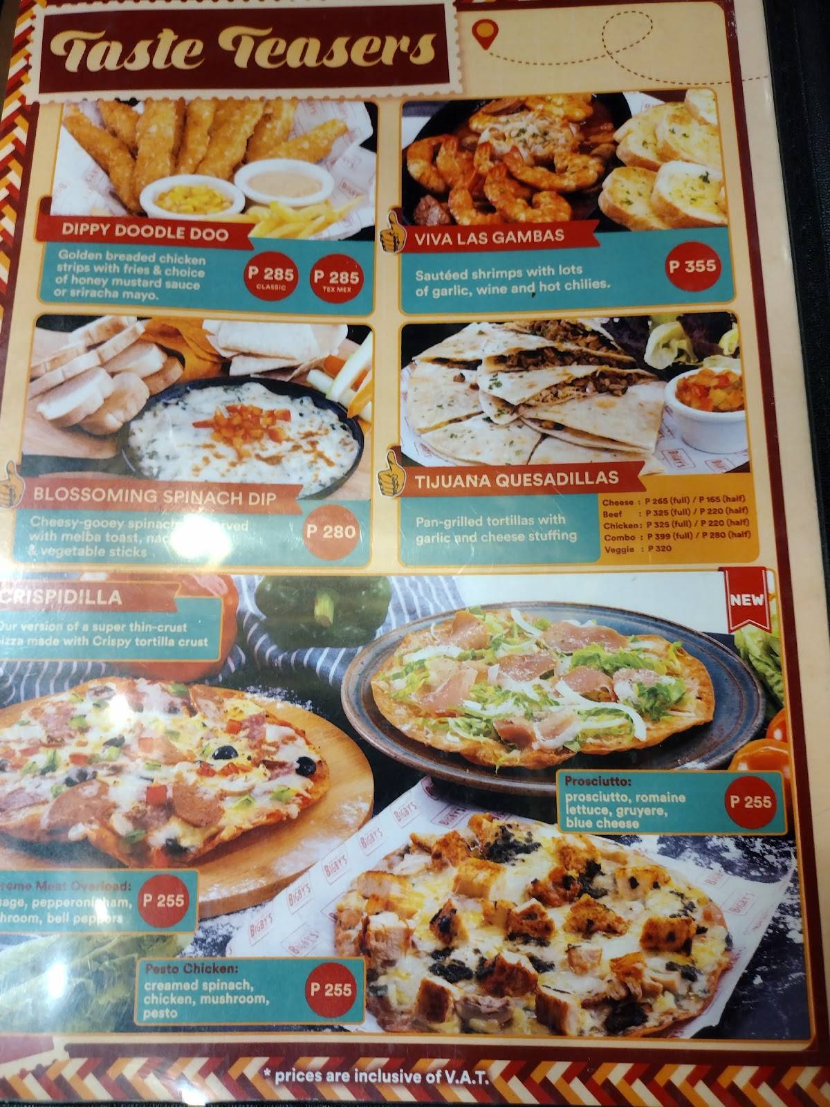Menu at Bigby's restaurant, Cebu City, The Northwing