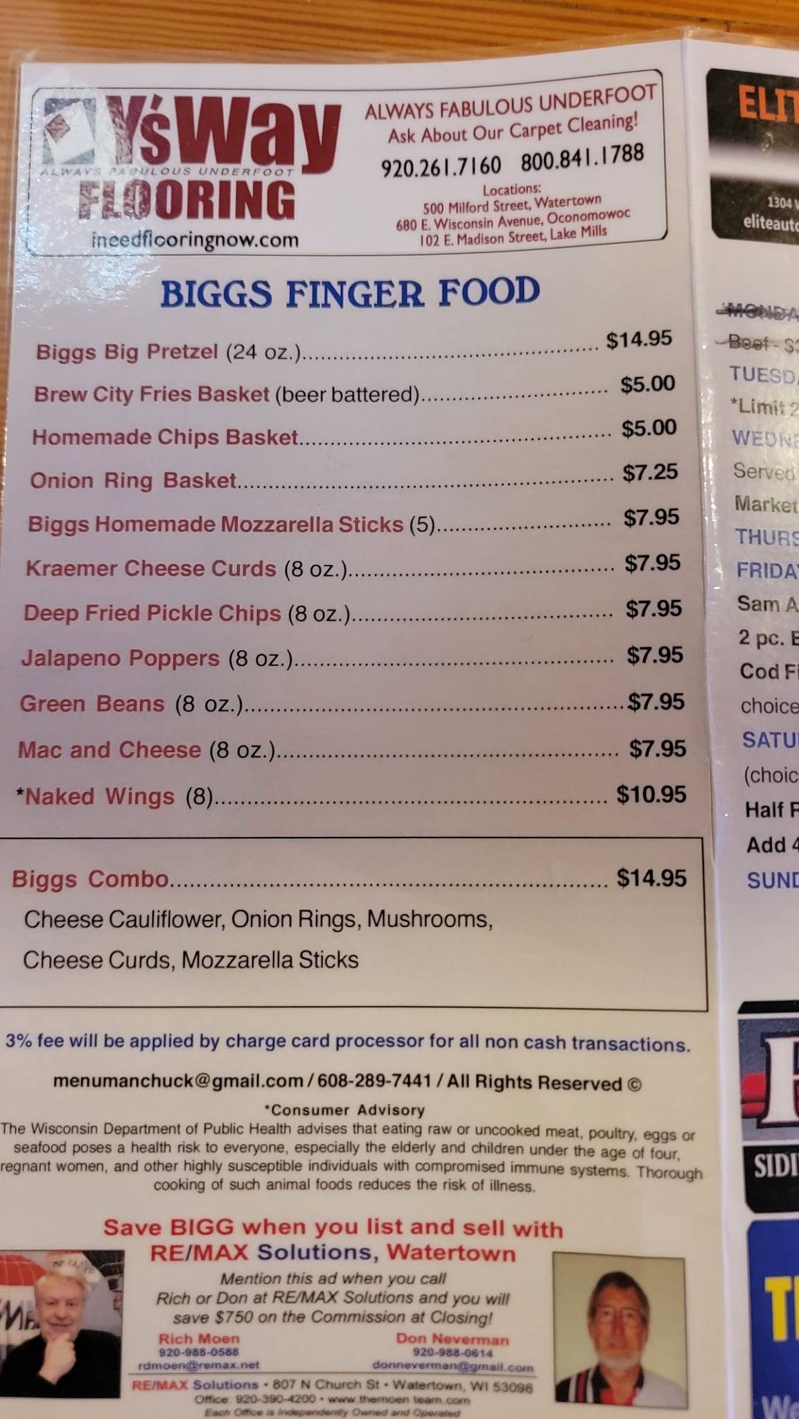 Menu at Bigg's Bar & Grill, Watertown