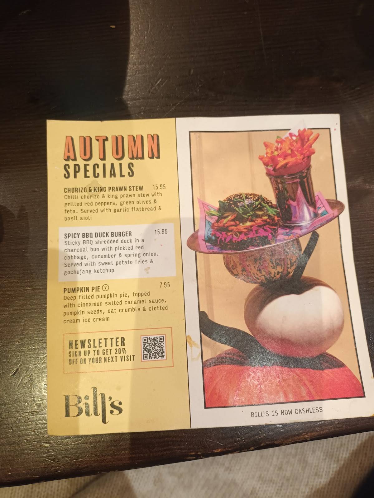 Menu at Bill's Spinningfields Restaurant, Manchester, 3 Hardman Square