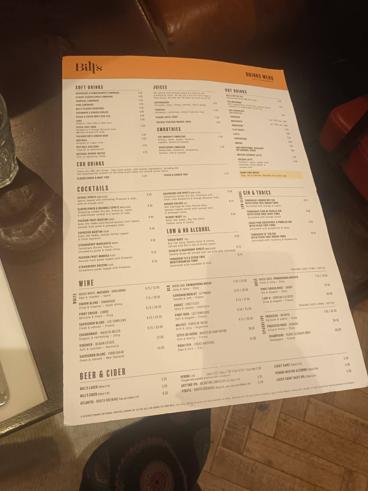 Menu at Bill's Spinningfields Restaurant, Manchester, 3 Hardman Square