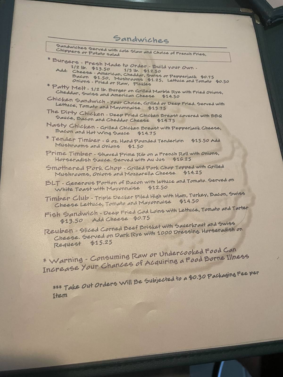 Menu at Billy Timber's Pub, Summit Lake, N9543 US-45