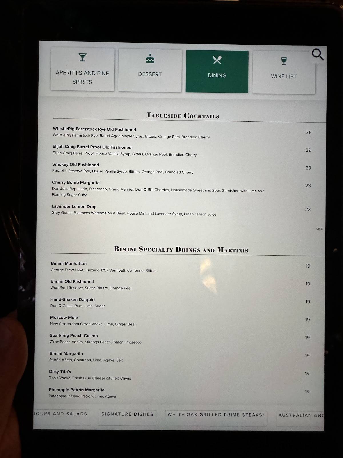 Menu at Bimini Steakhouse, Reno