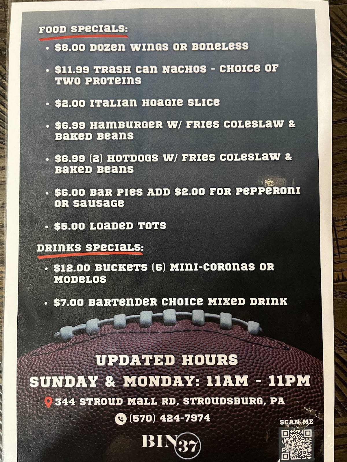 Menu at Bin 37 pub & bar, Stroudsburg