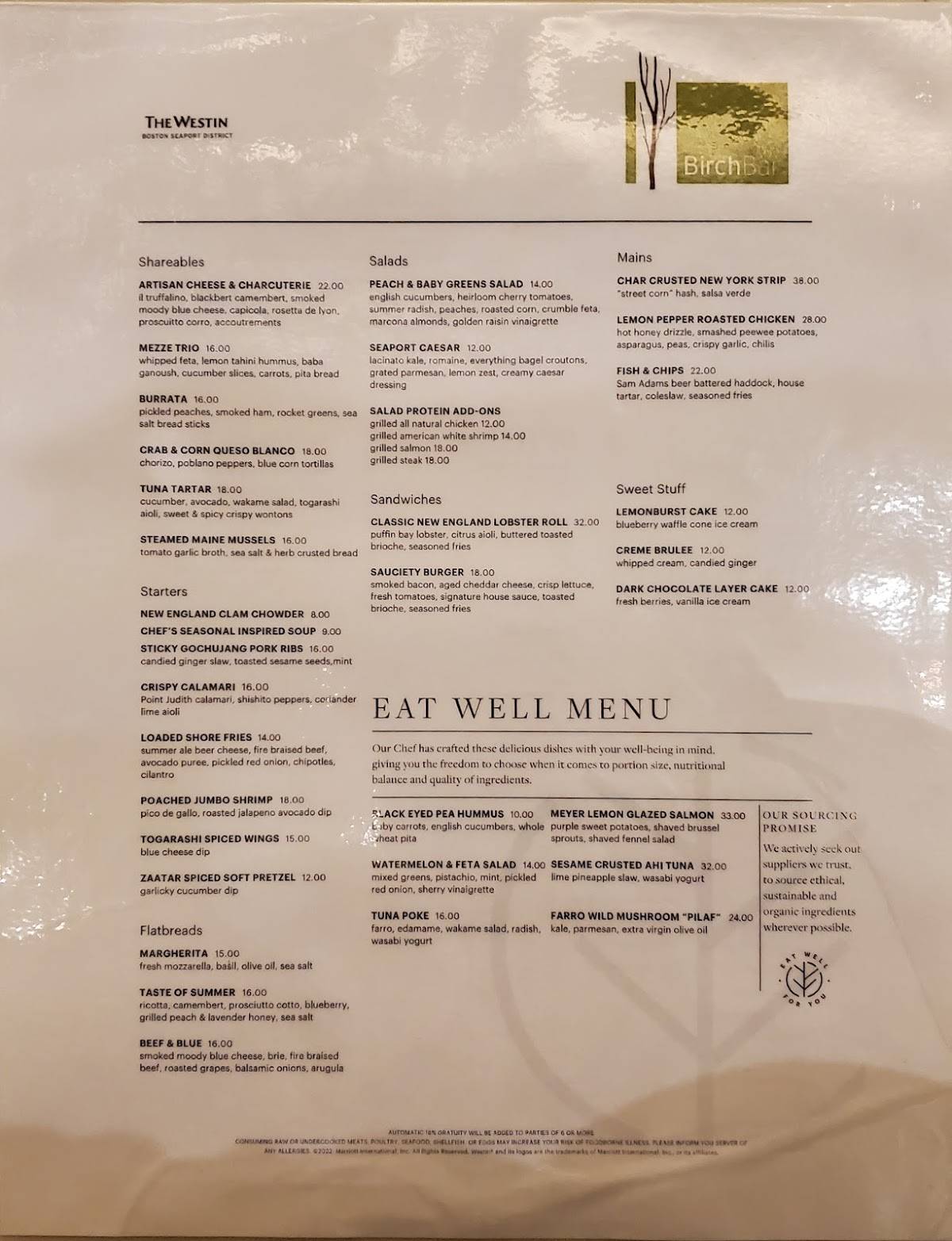 Menu at Birch Bar, Boston