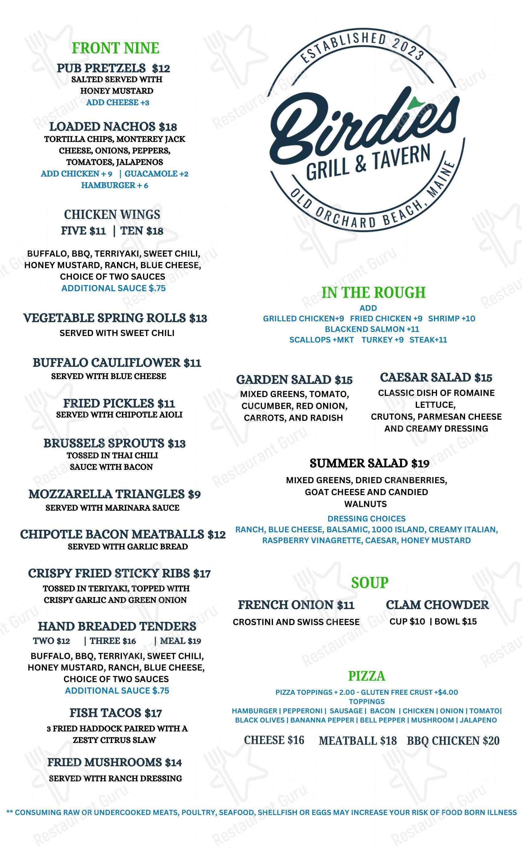 Menu at Birdies Grill & Tavern restaurant, Old Orchard Beach