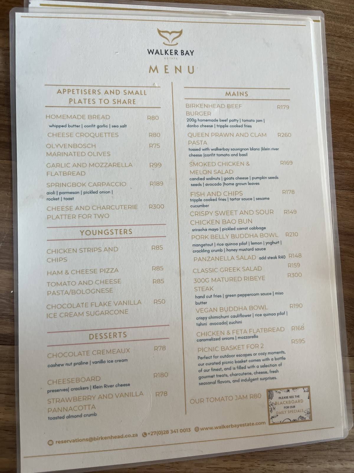 Menu at Birkenhead Estate restaurant, Stanford