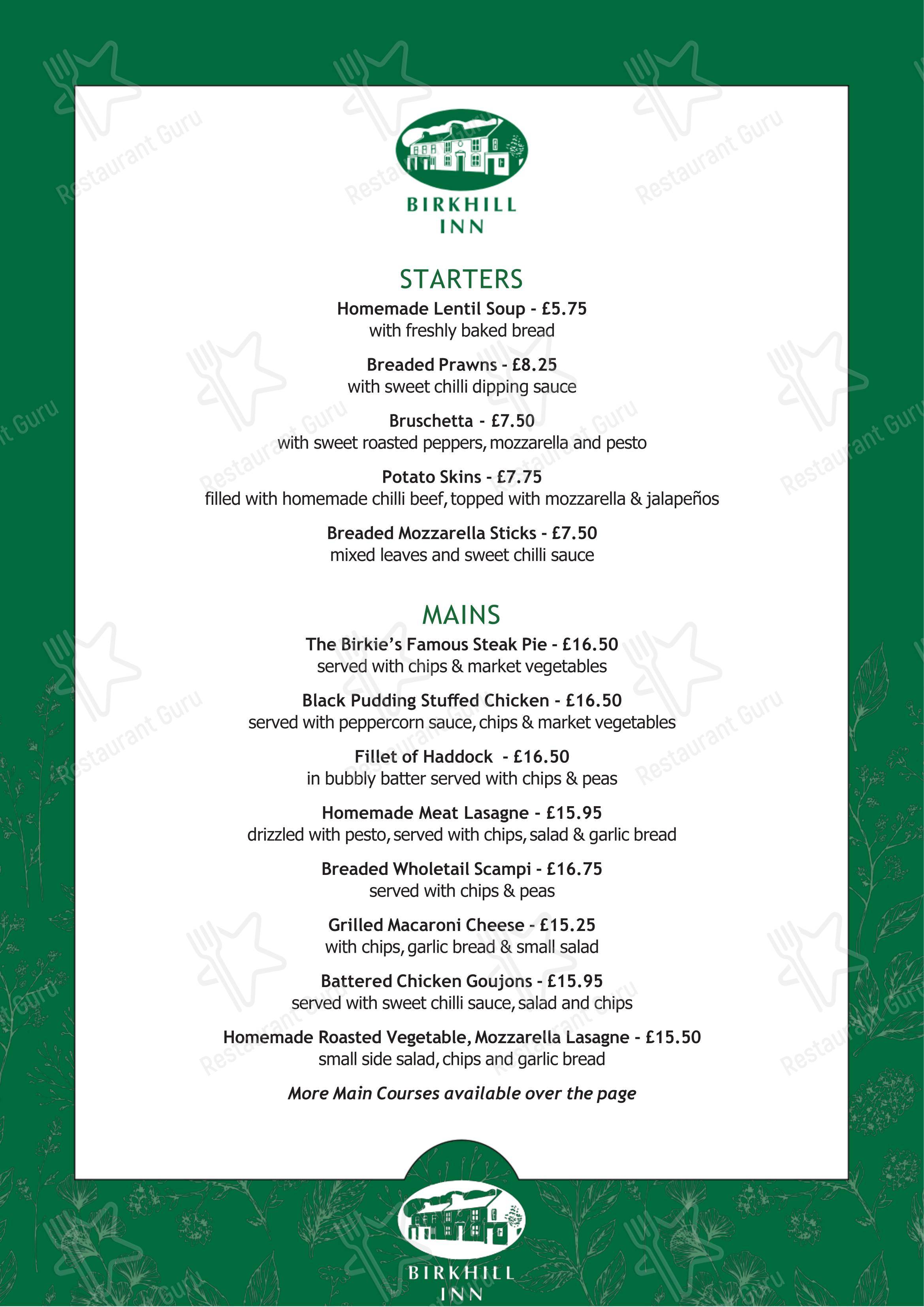 Menu at Birkhill Inn pub & bar, Dundee