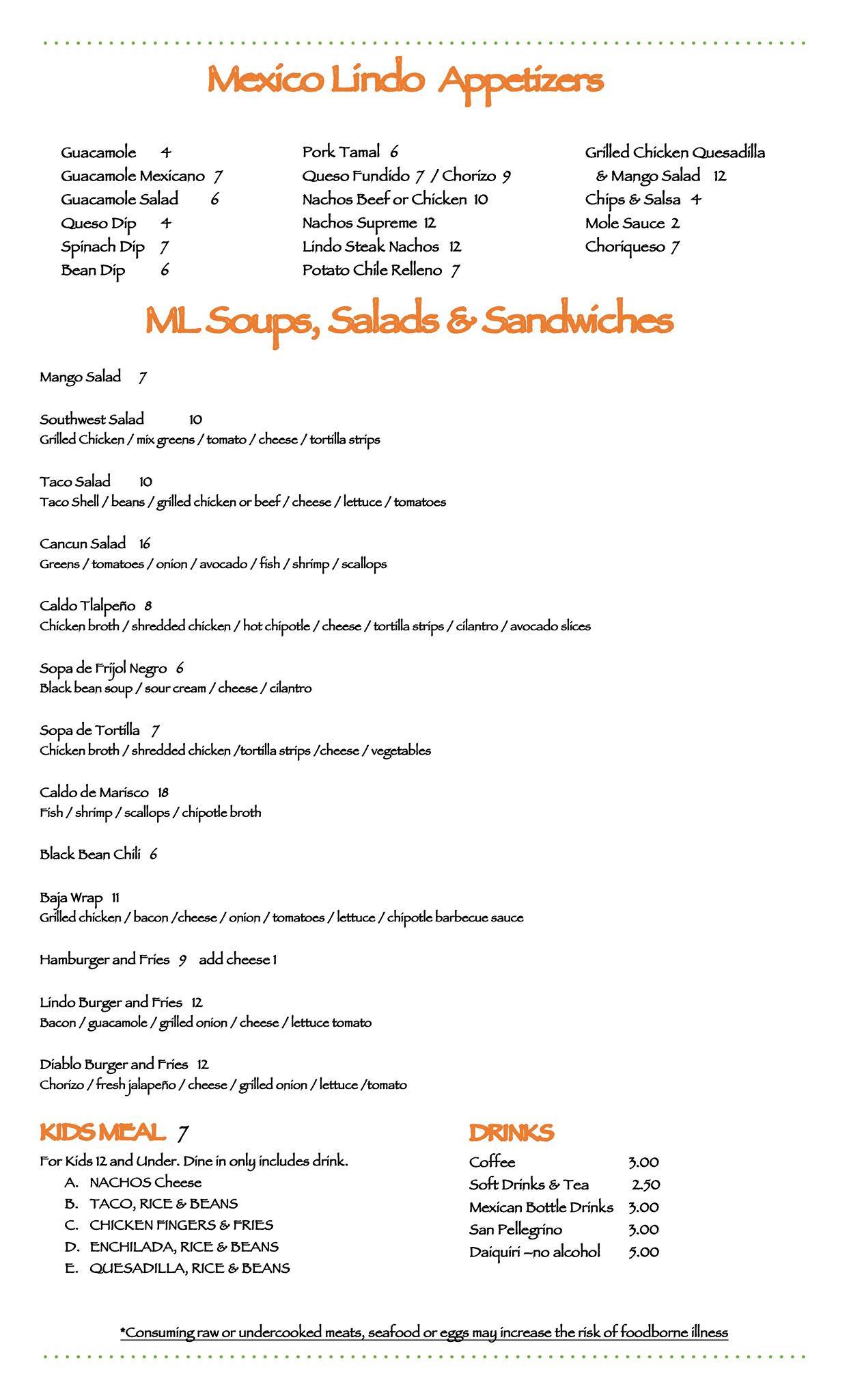 Menu at Mexico Lindo Restaurant, Birmingham, 350 Hollywood Blvd
