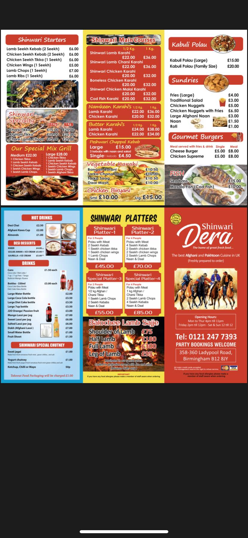 Menu at Shinwari Dera restaurant, Birmingham