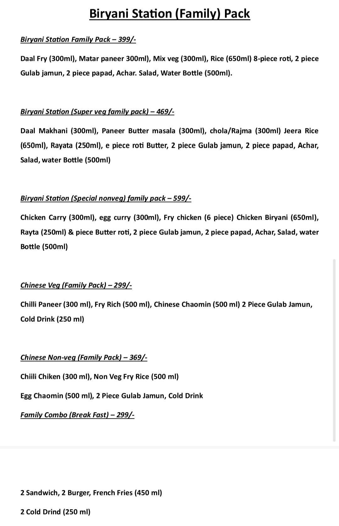 Menu at Biryani Station, Allahabad, C.O.D. Road
