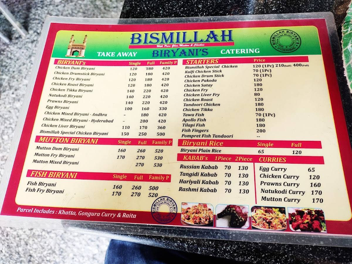 Menu at Bismillah Biryani, Hyderabad, CCRV+922