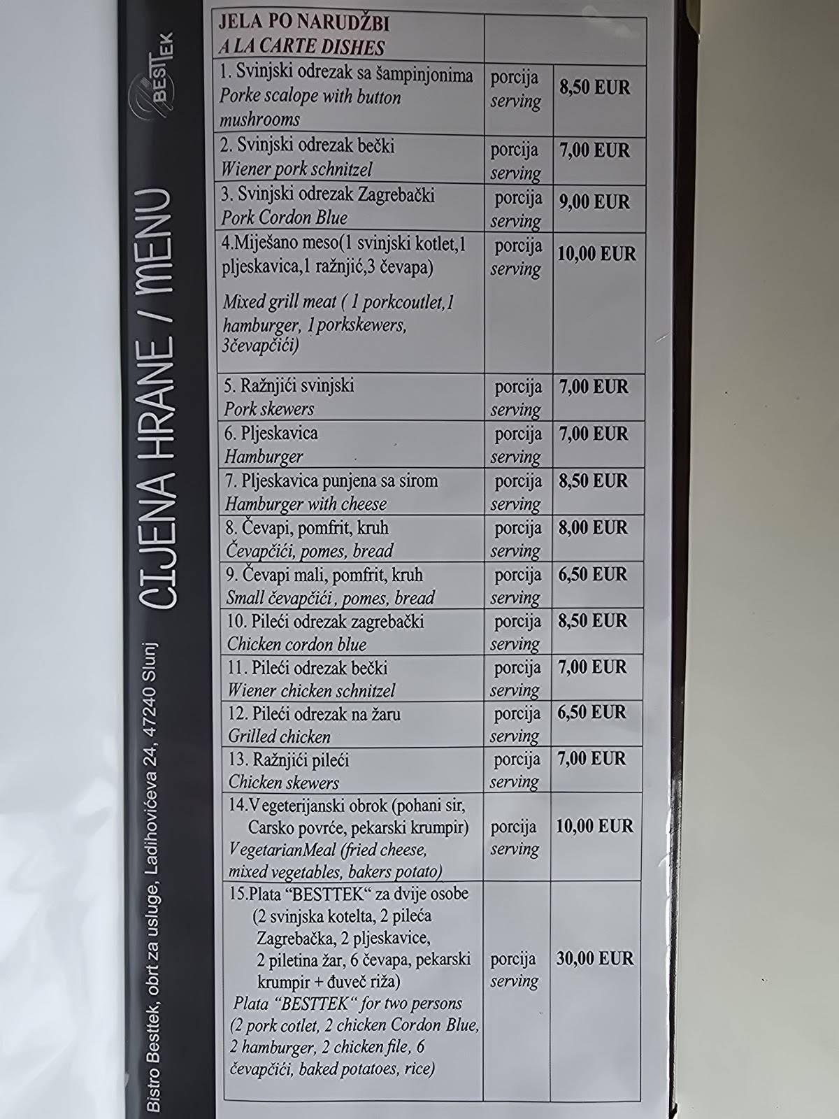 Menu at Bistro 3m, Slunj