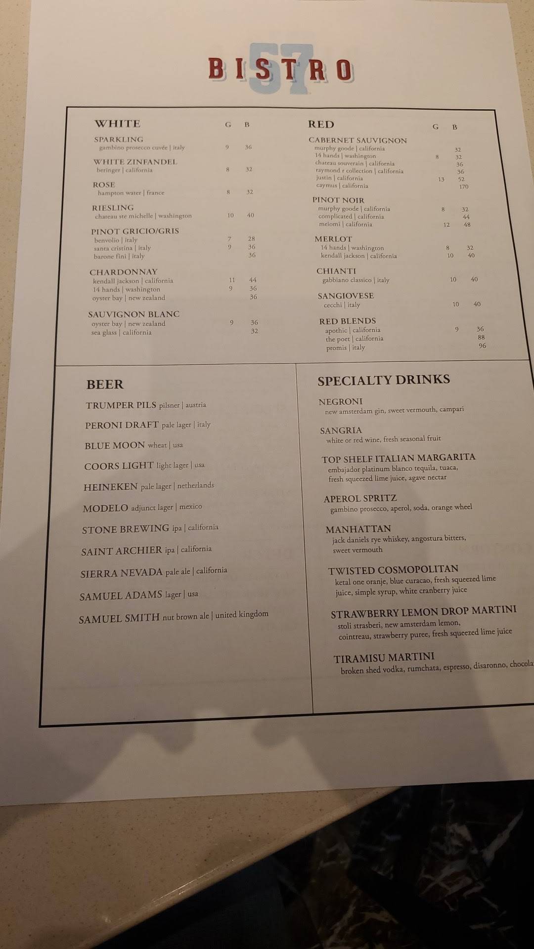 Menu at Bistro 57 restaurant, North Las Vegas, N Aliante Pkwy
