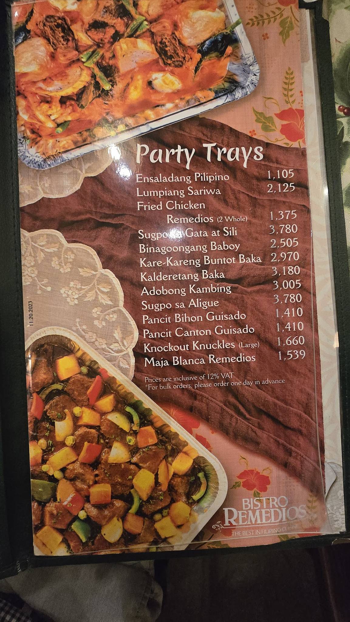 Menu at Bistro Remedios steakhouse, Manila, Adriatico St