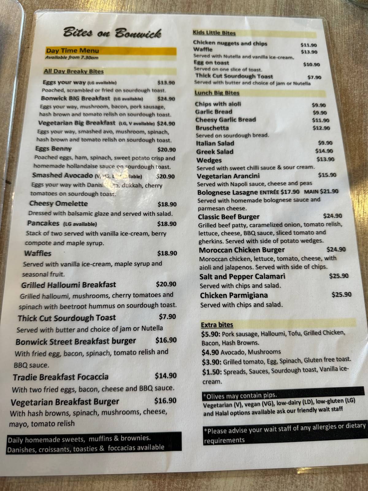 Menu at Bites on Bonwick cafe, Fawkner