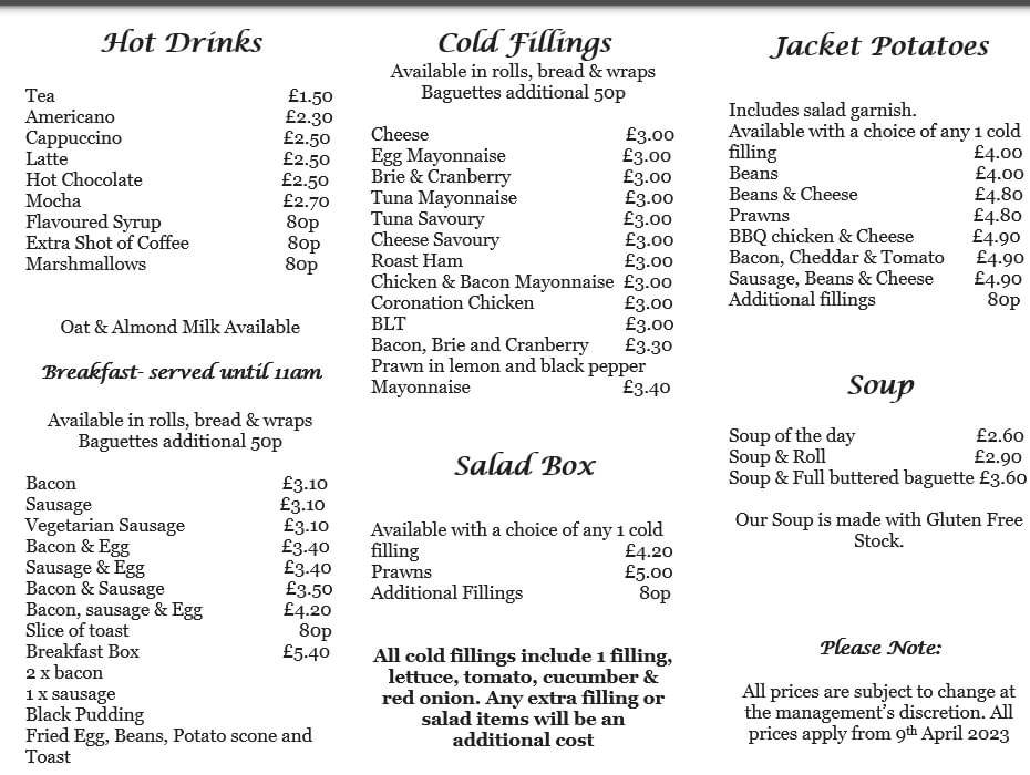 Menu at Black Jug, Carlisle