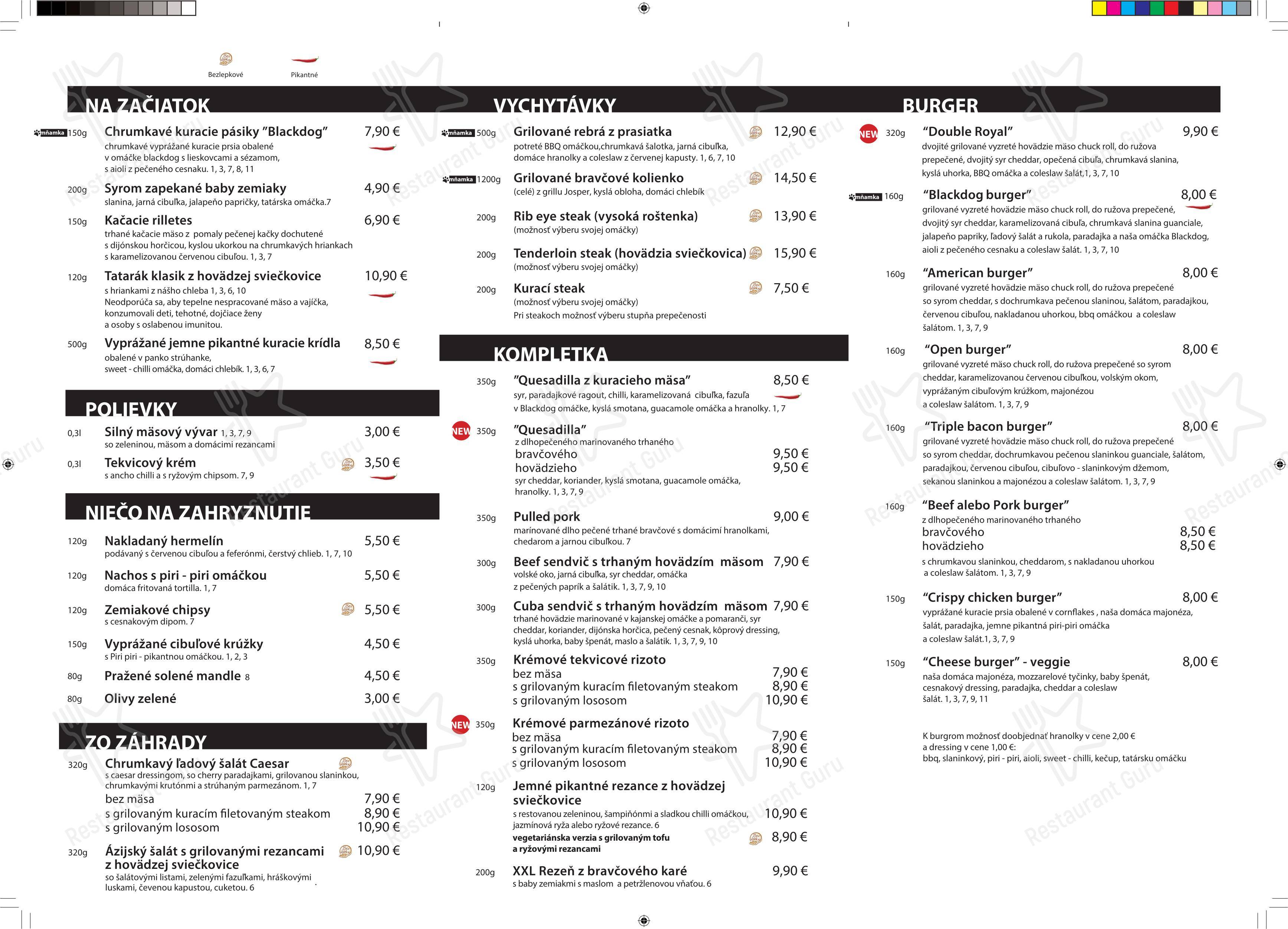 Menu at Blackdog restaurant, Žilina