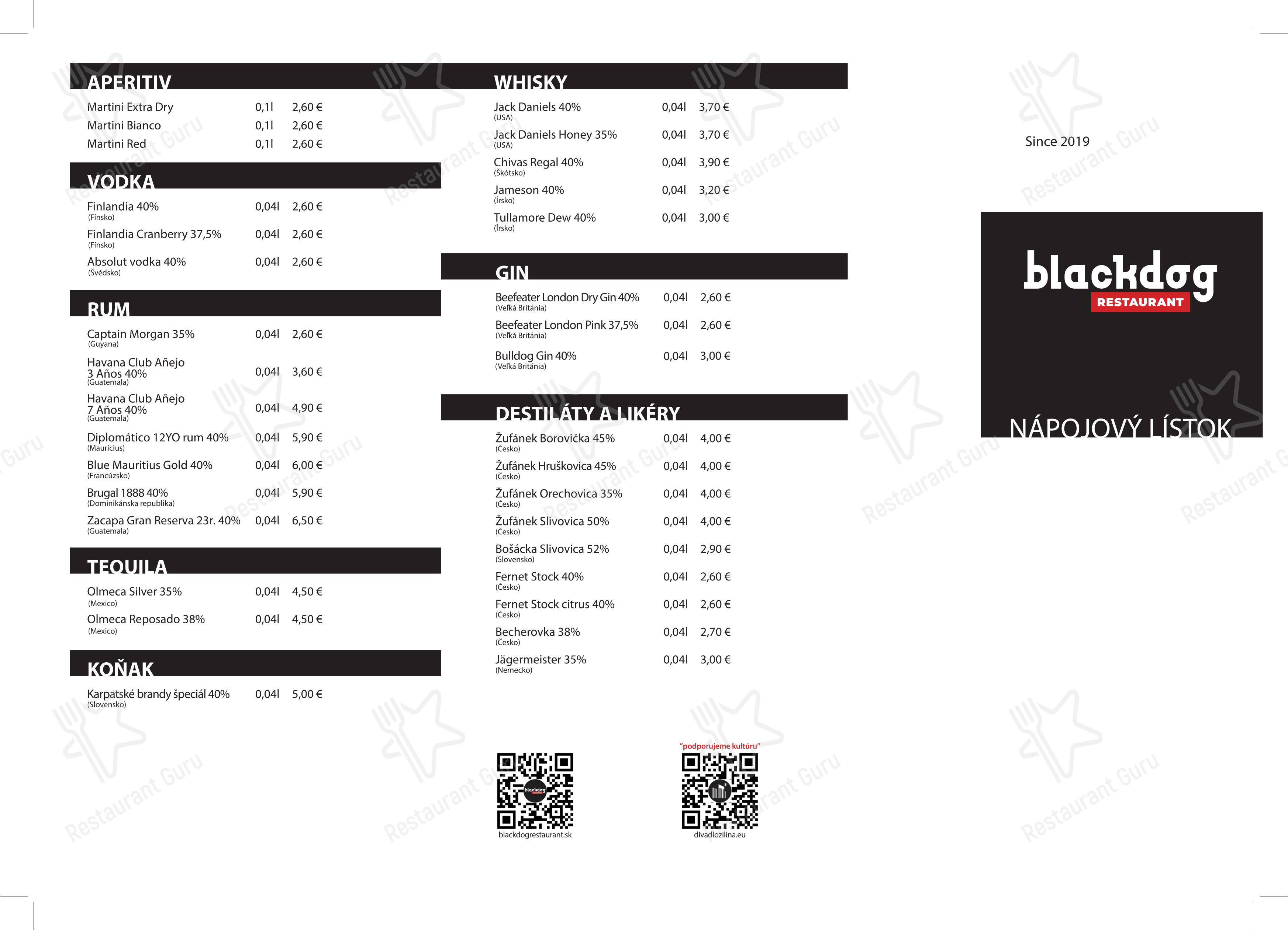 Menu at Blackdog restaurant, Žilina