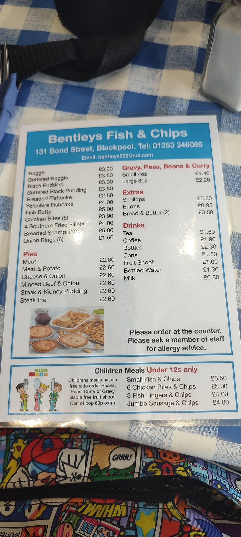 Menu at Bentley's Fish & Chip Shop restaurant, Blackpool
