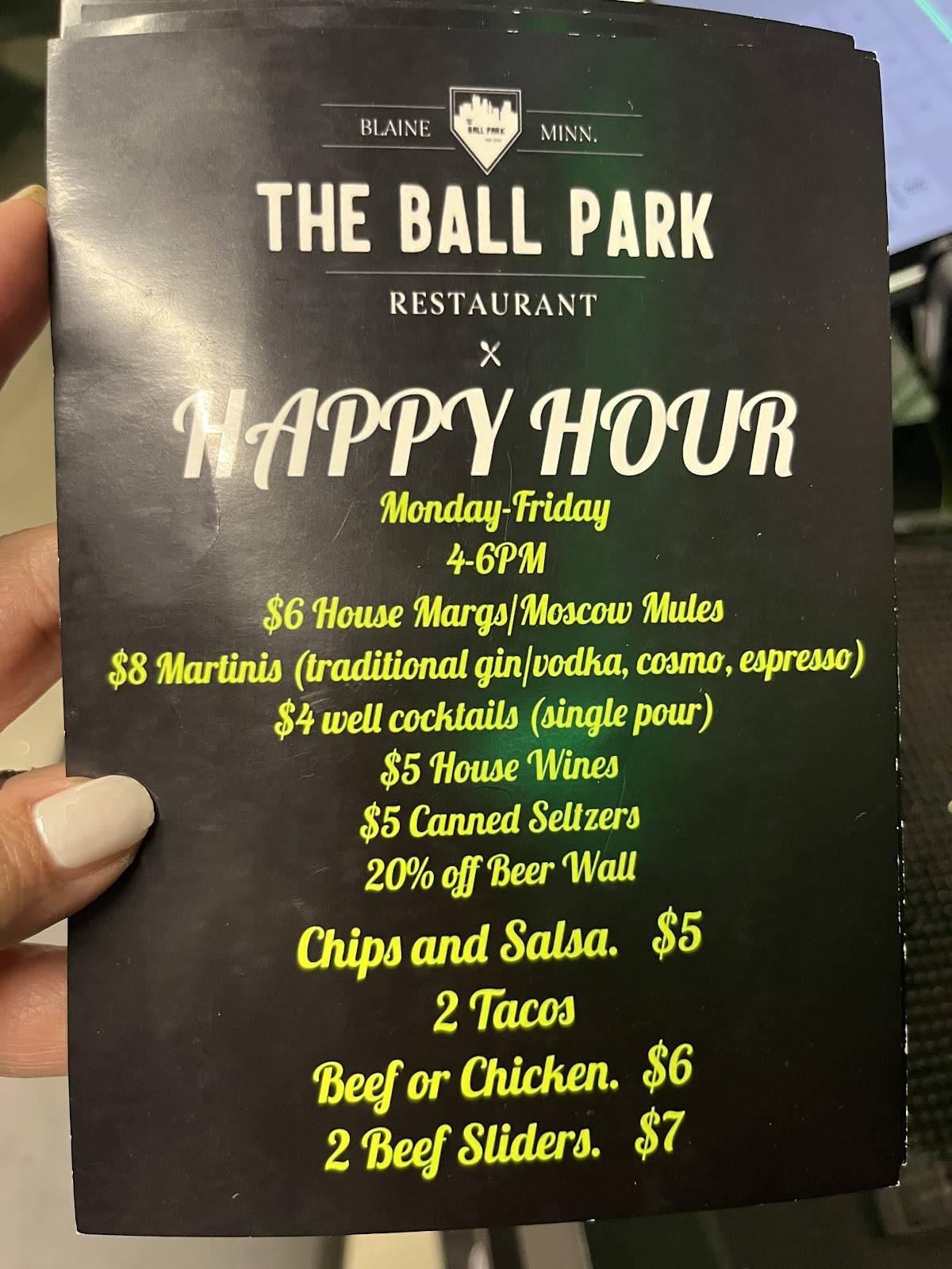 Menu at The Ball Park Twin Cities club, Blaine