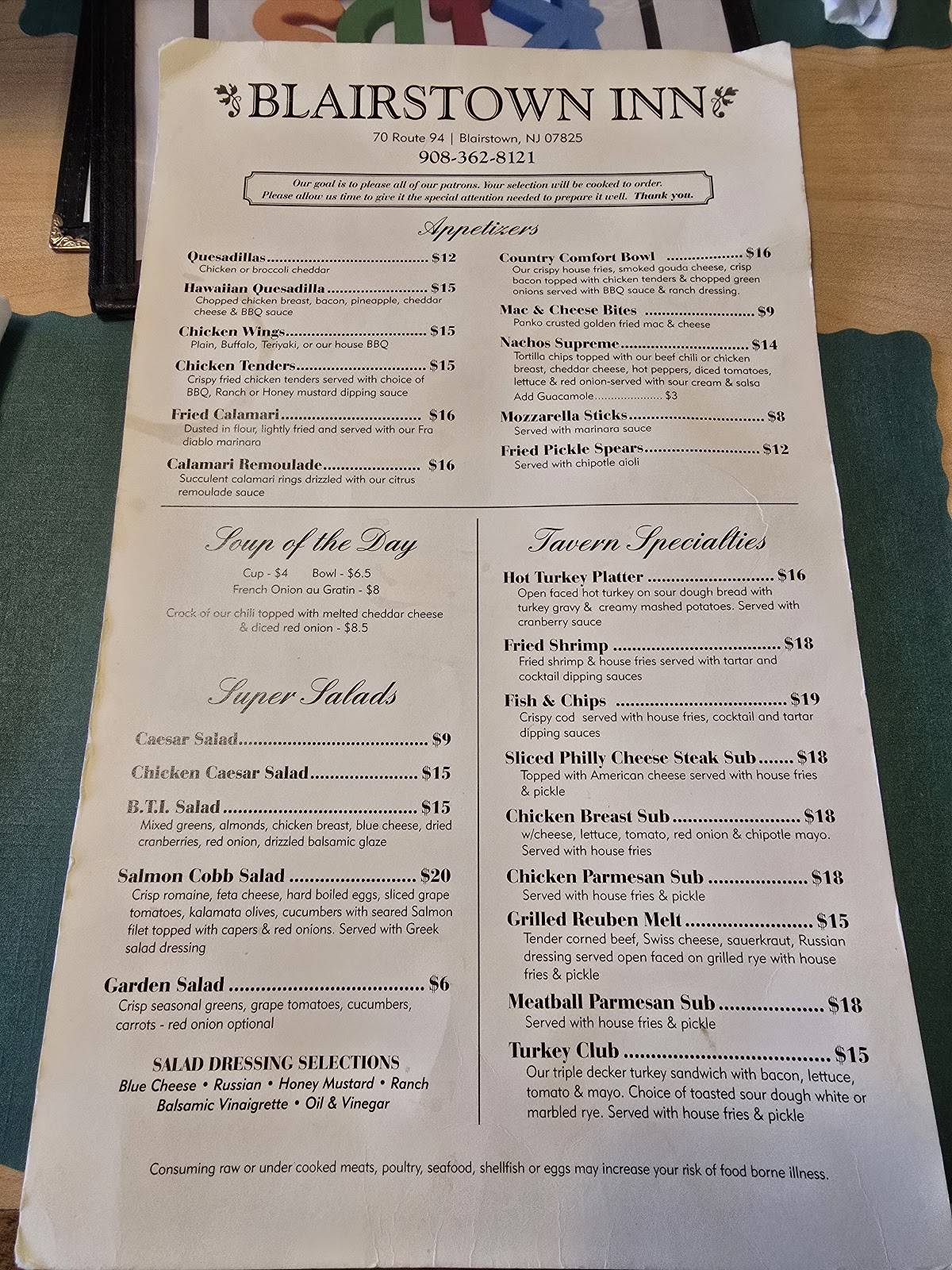 Menu at Blairstown Inn pub & bar, Blairstown, 70 NJ-94