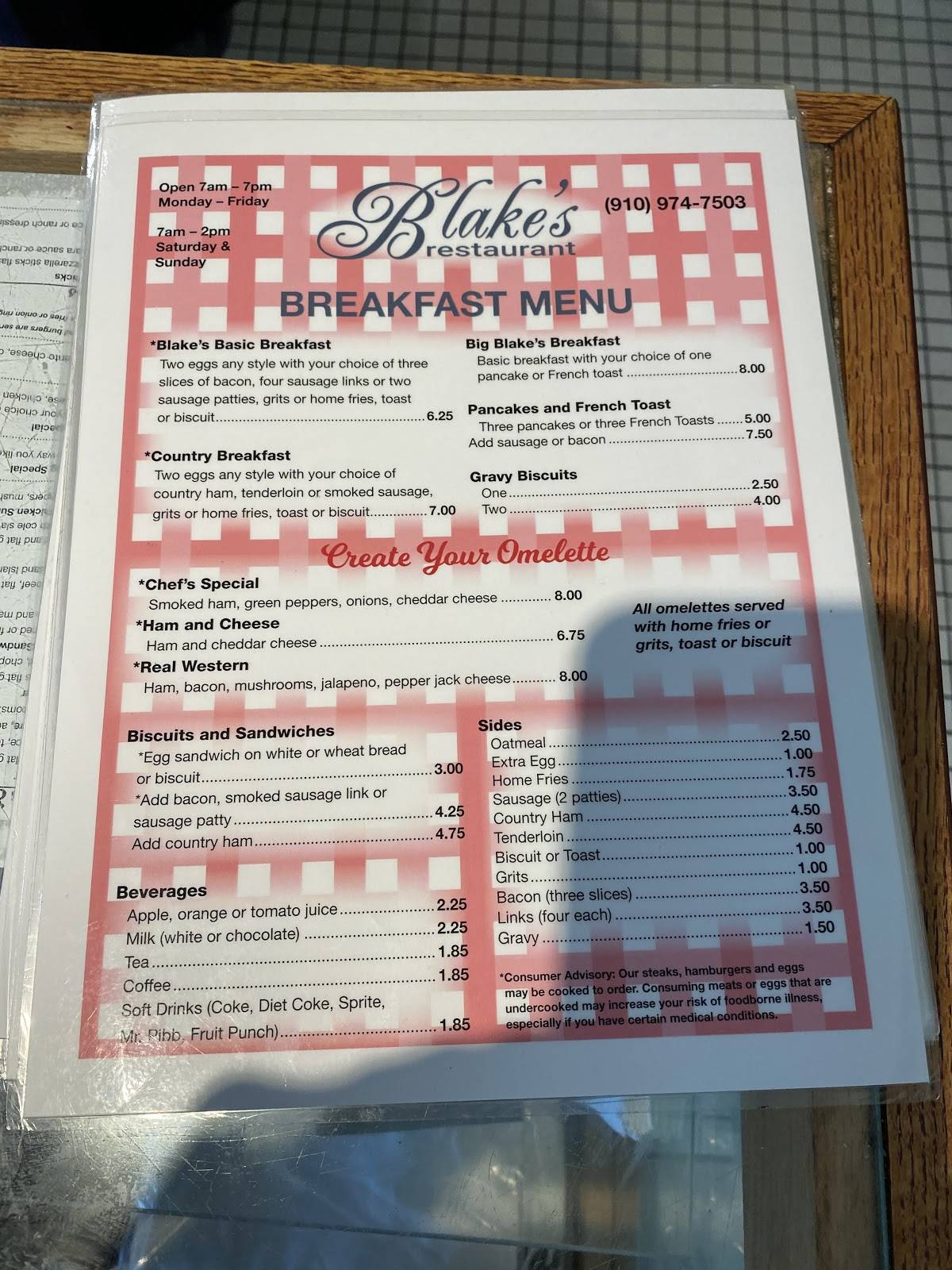 Menu at Blake's Restaurant, Candor