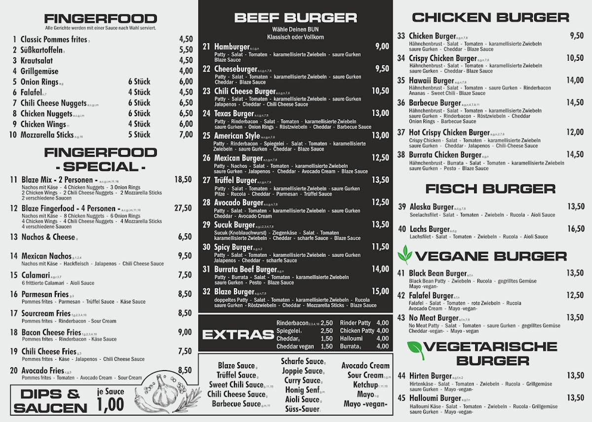 Speisekarte von Blaze Burger restaurant, Weilburg