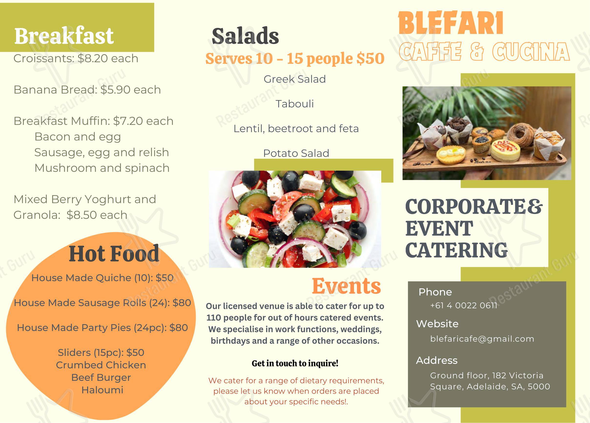 Menu at Blefari Caffe & Cucina restaurant, Adelaide