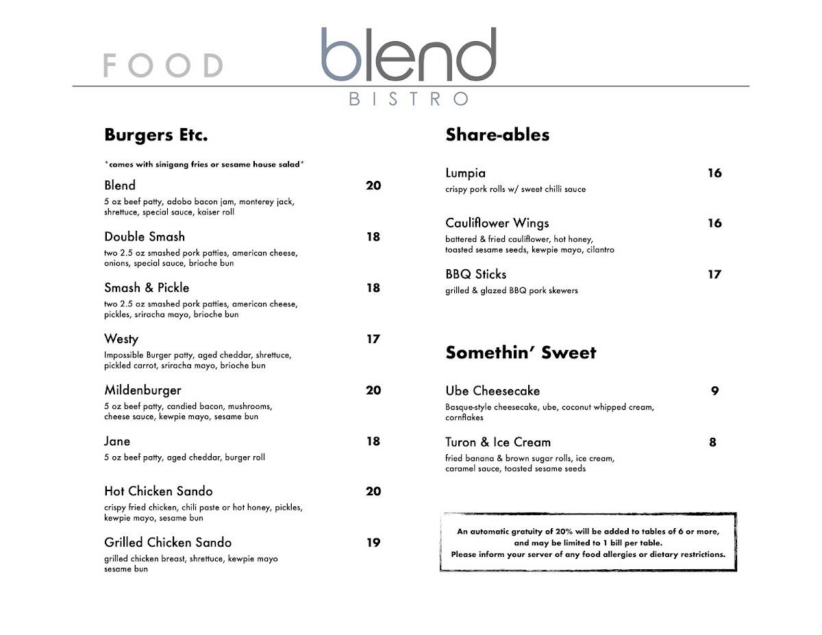 Carta del pub y bar Blend Bistro, Elkford