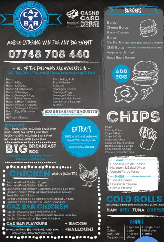 Menu at Caz Bar MK, Milton Keynes
