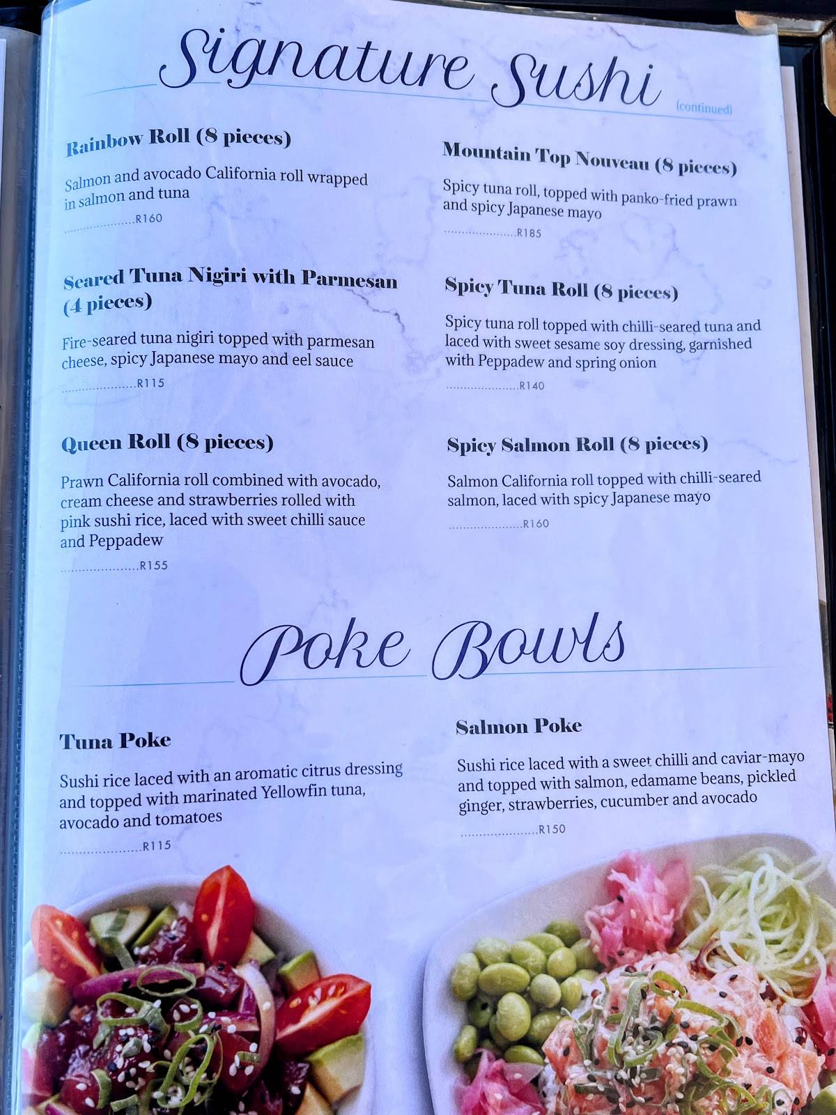Menu at Blowfish Restaurant, Cape Town, 1 Marine Dr