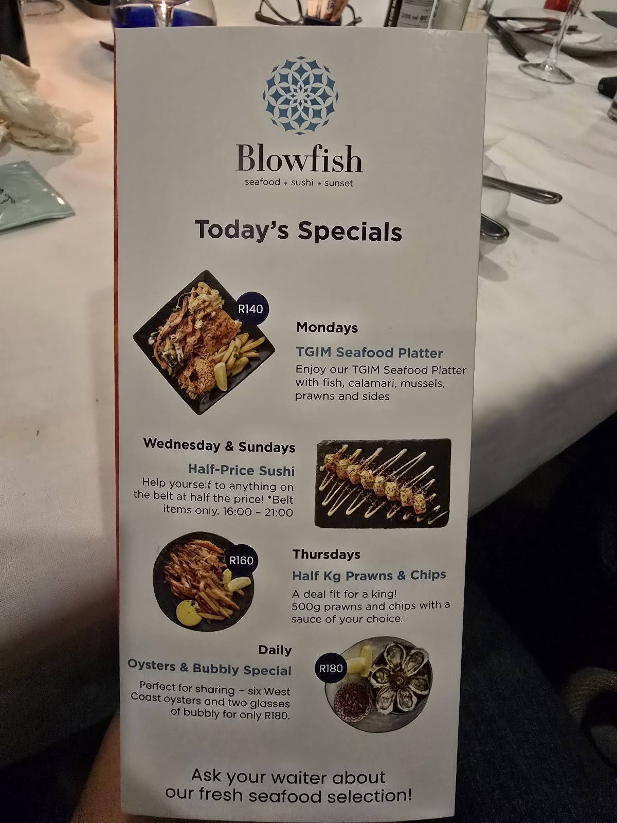 Menu at Blowfish Restaurant, Cape Town, 1 Marine Dr