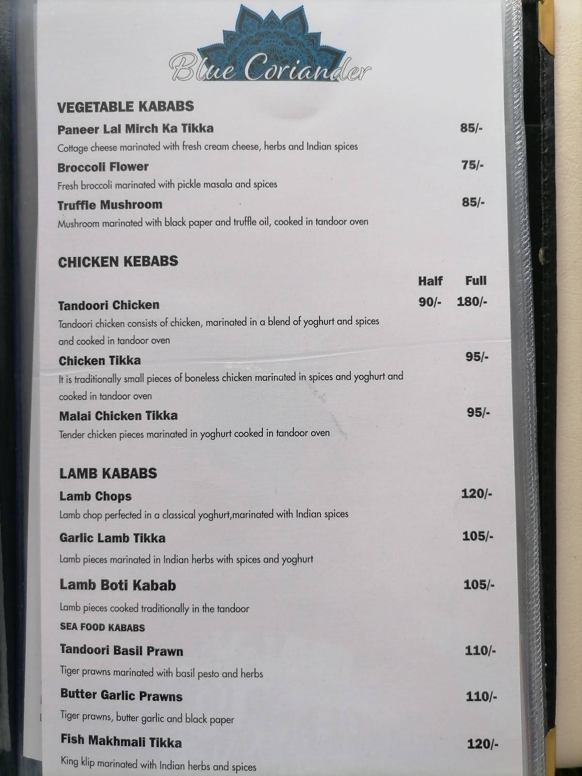 Menu at Blue Coriander restaurant, Stellenbosch