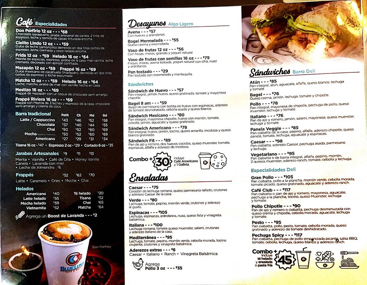 Carta de cafetería Blue Luna Santa Fe, Tijuana