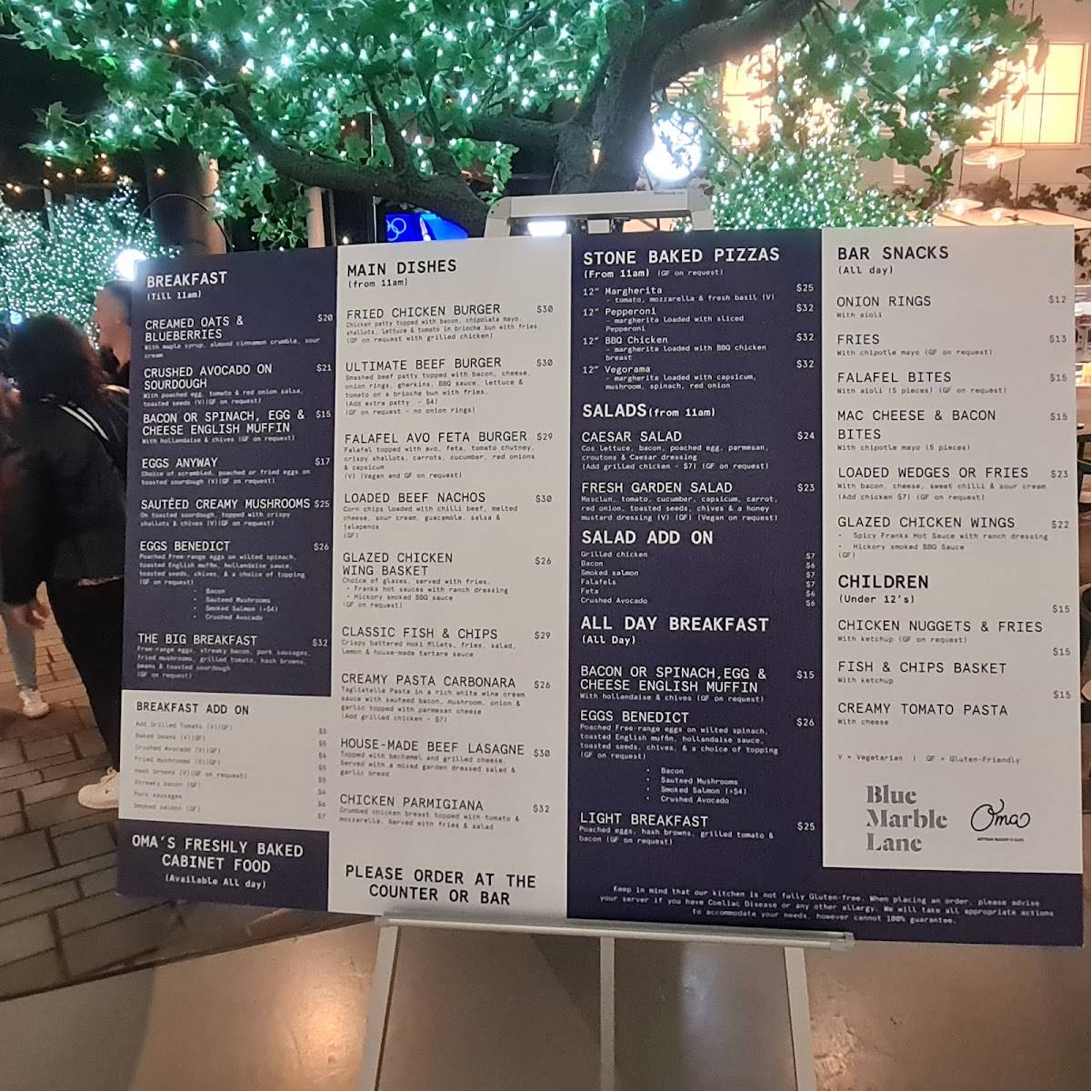 Menu at Blue Marble Lane restaurant, Auckland