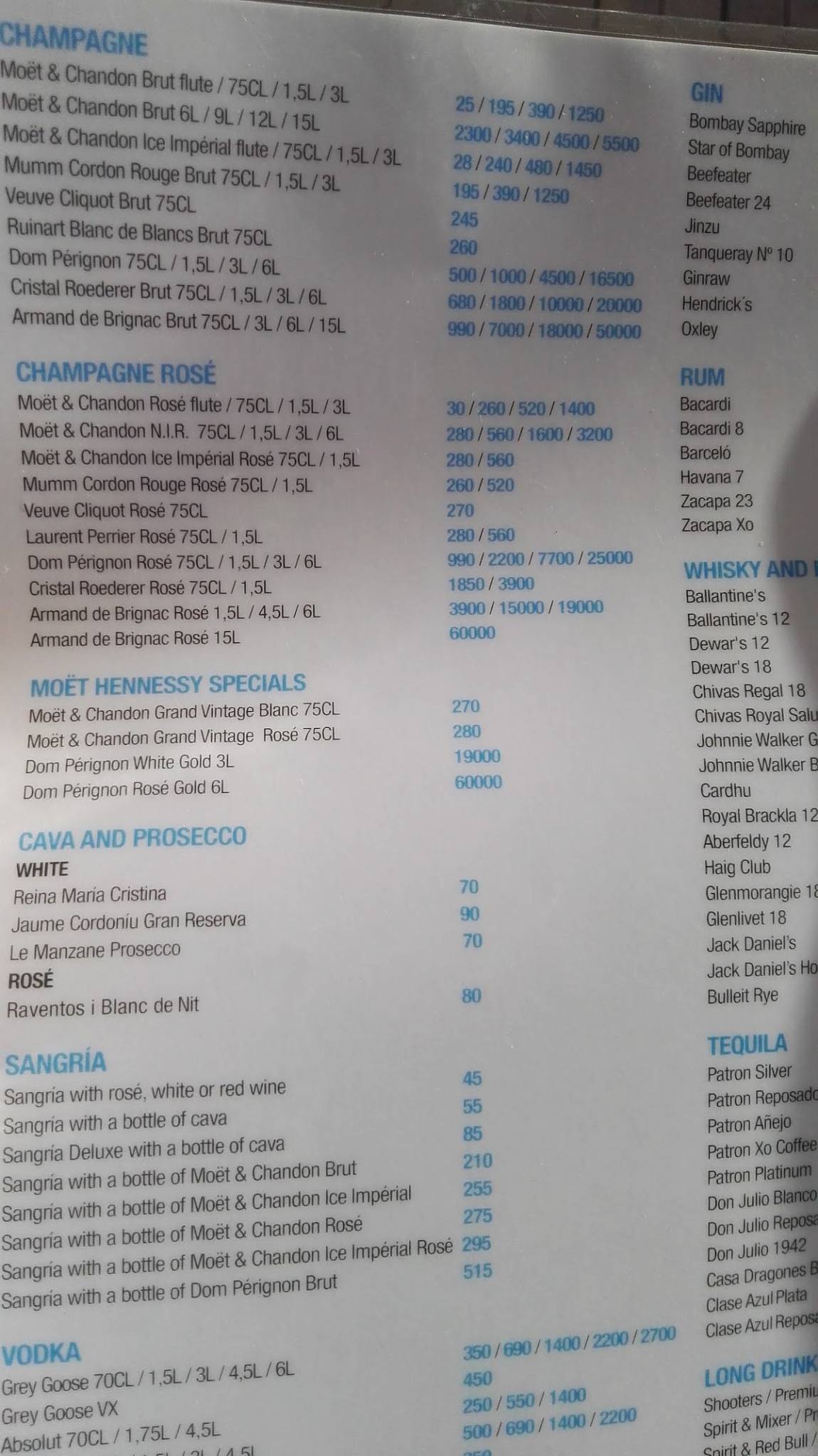 Carta del club Blue Marlin Ibiza, Formentera