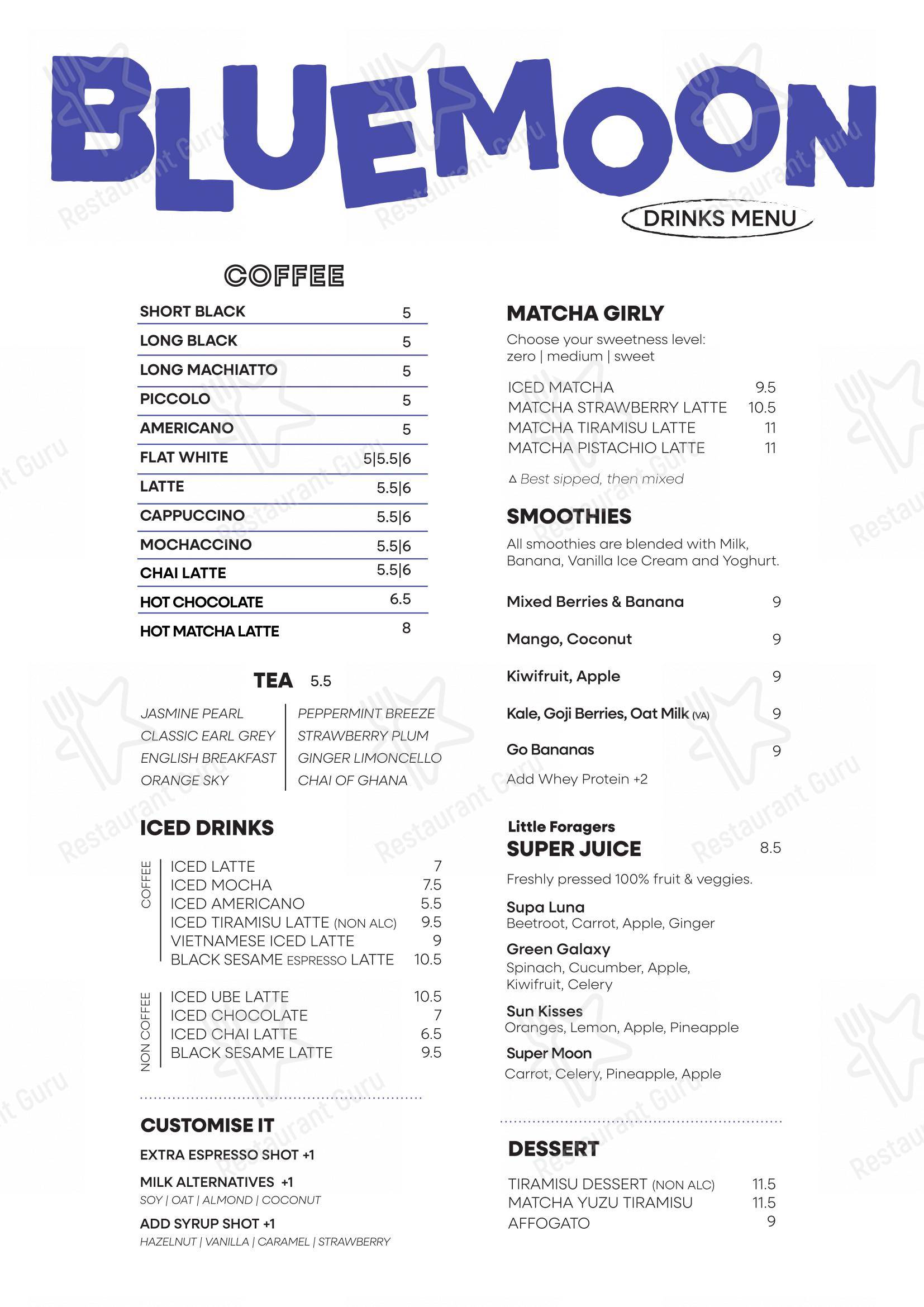 Menu at Blue Moon Bakehouse cafe, Christchurch