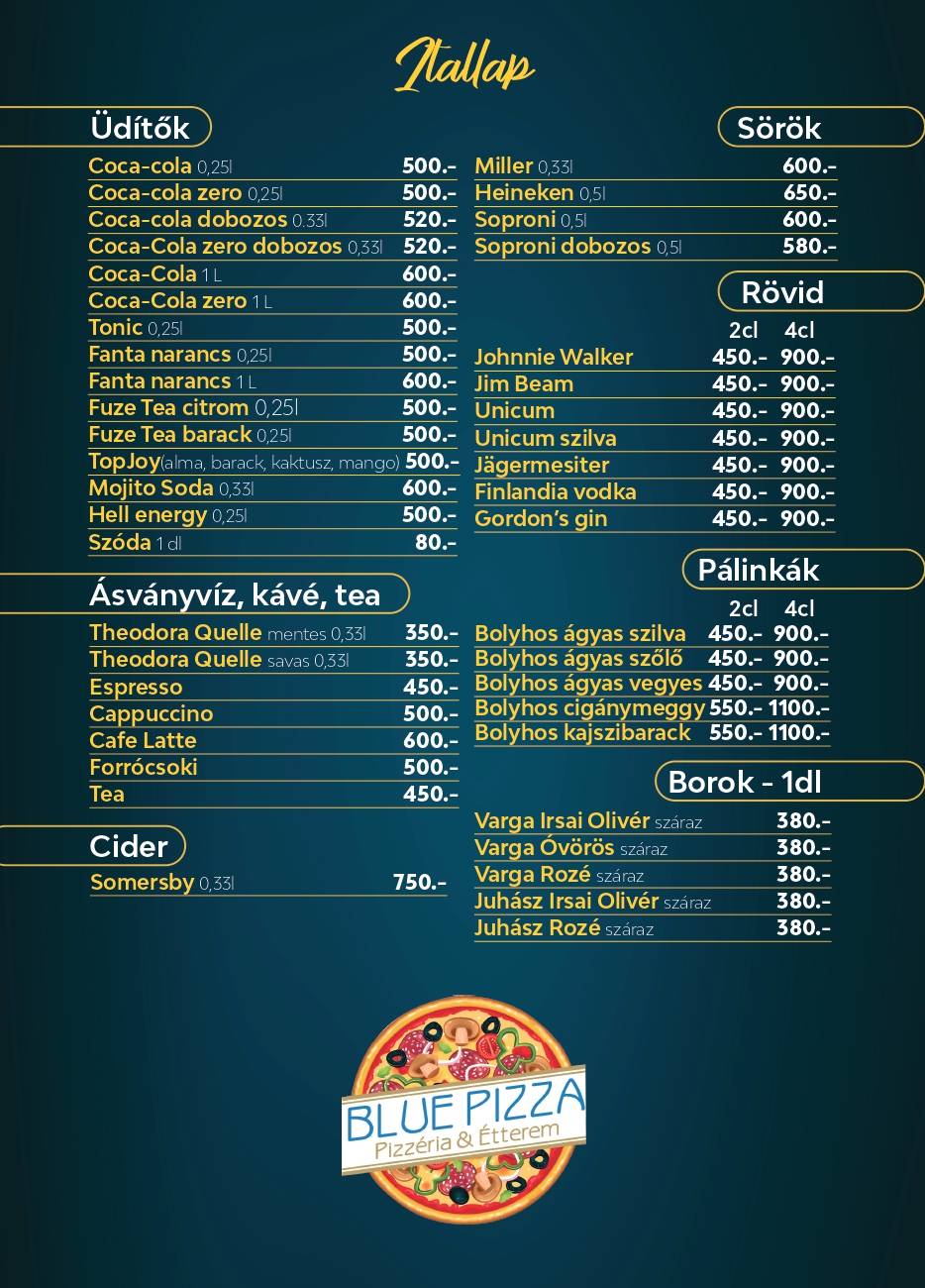 Carta del restaurante Blue Pizza, Pécel
