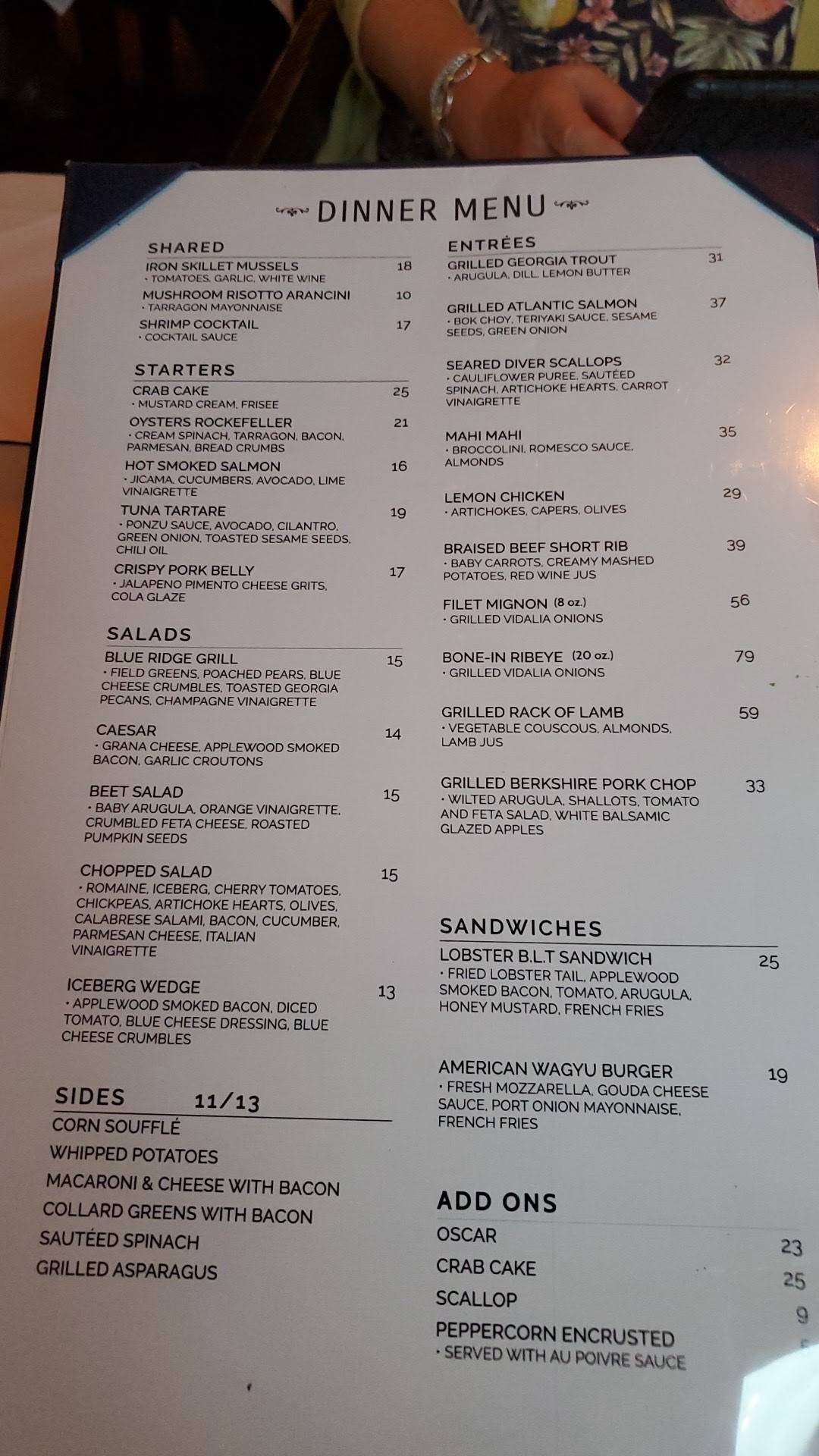 Menu at Blue Ridge Grill desserts, Atlanta