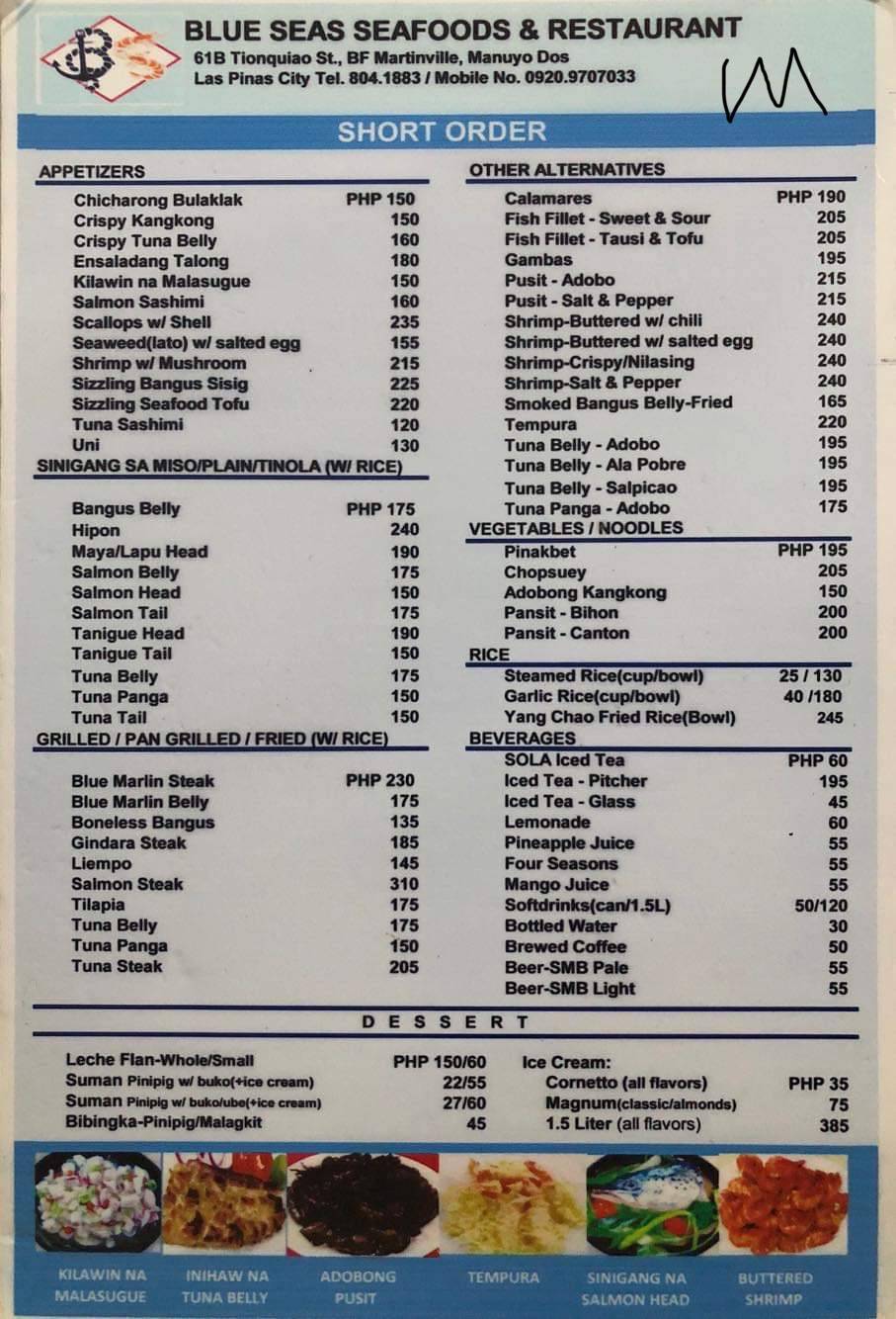 Menu at Blue Seas Seafoods & Restaurant, Las Pinas
