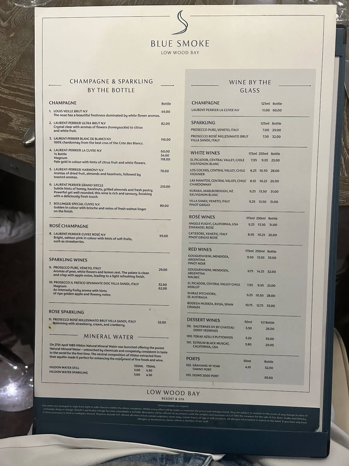 Menu at Blue Smoke at Low Wood Bay restaurant, Windermere, Road