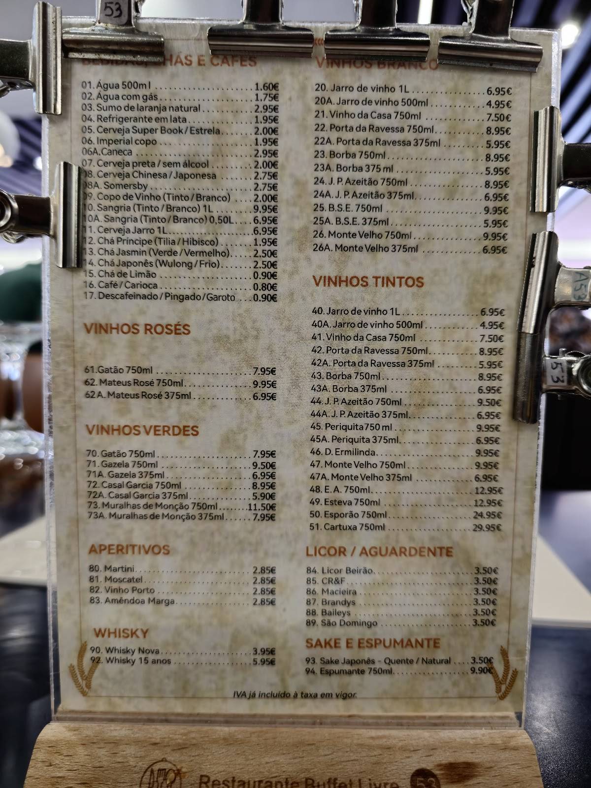 Menu at Victória restaurant, Bobadela