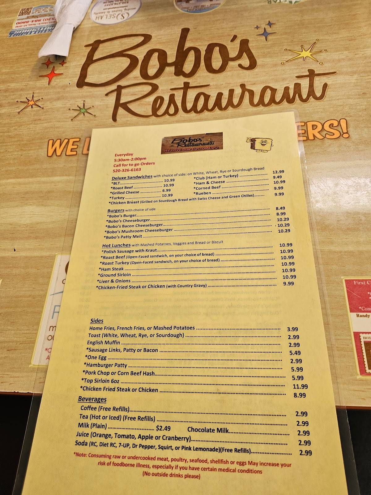 Menu at Bobo's Restaurant, Tucson