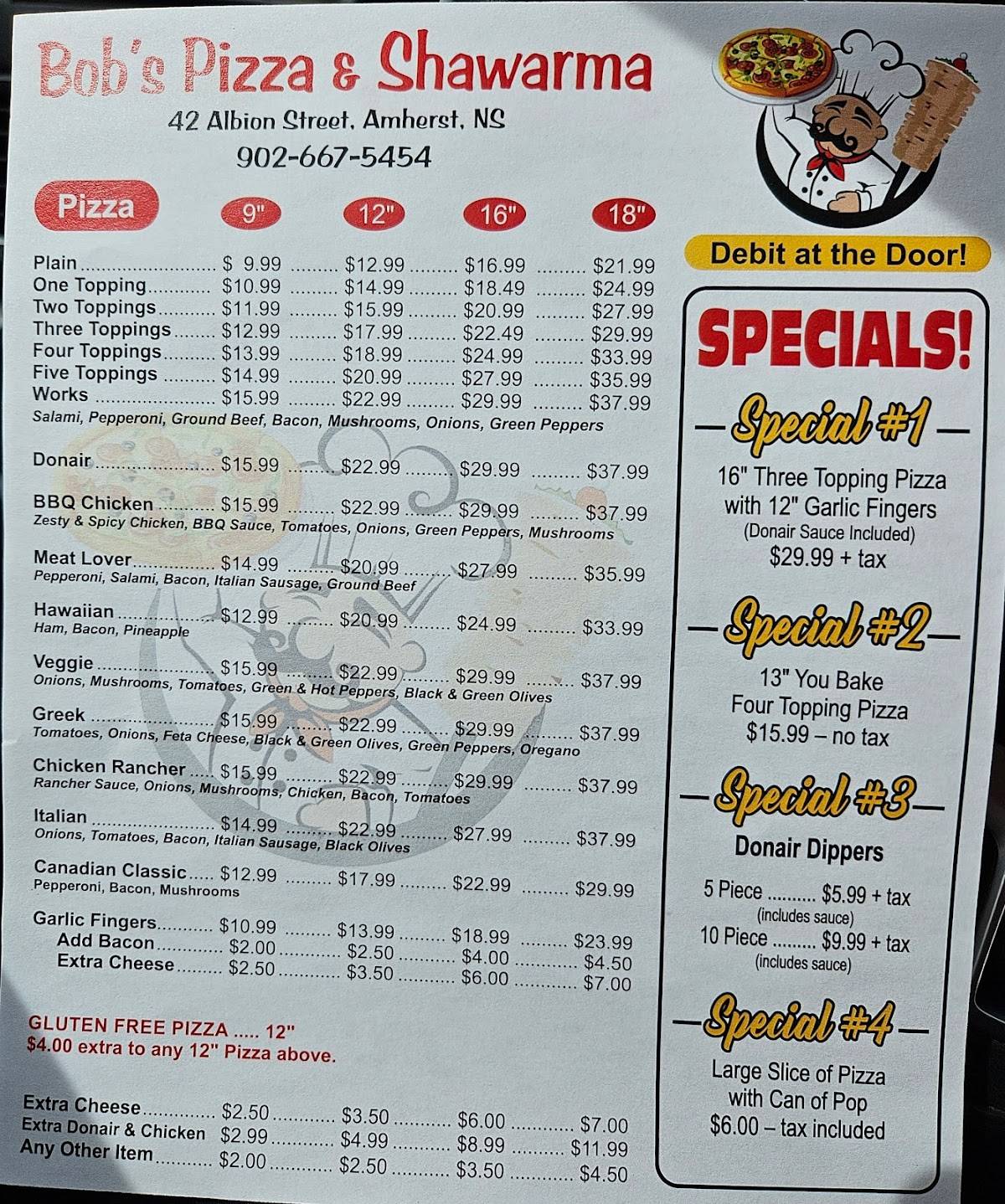 Menu at Bob's Pizza and Shawarma pizzeria, Amherst