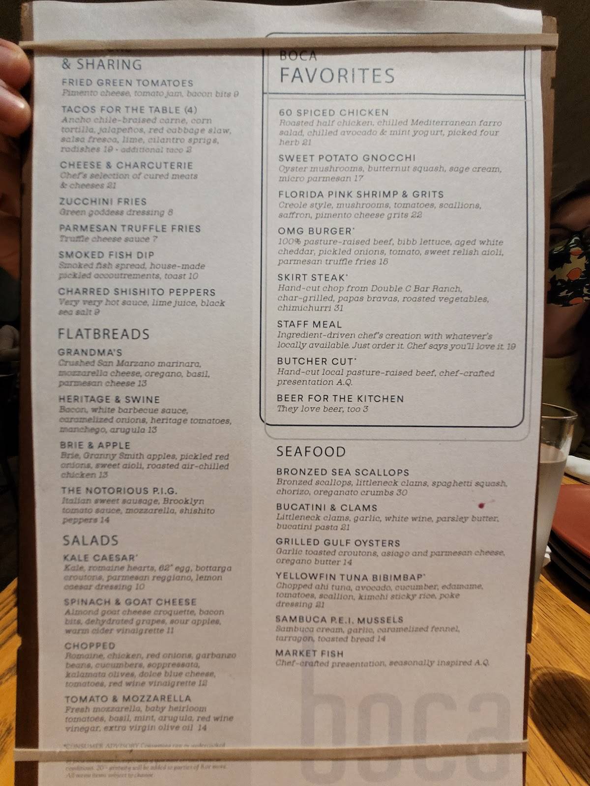 Menu at Boca pub & bar, Sarasota