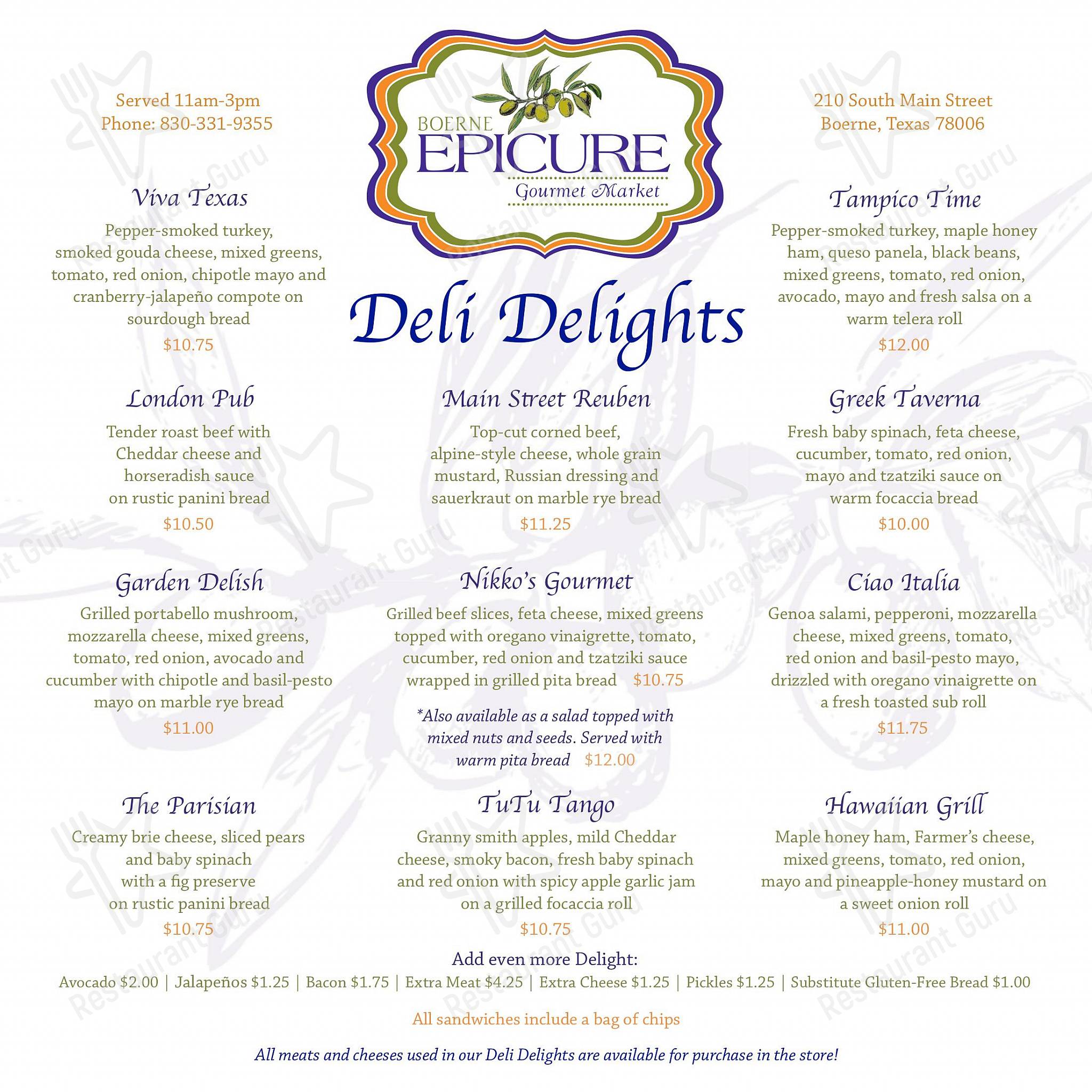 Menu at Boerne Epicure Gourmet Market restaurant, Boerne