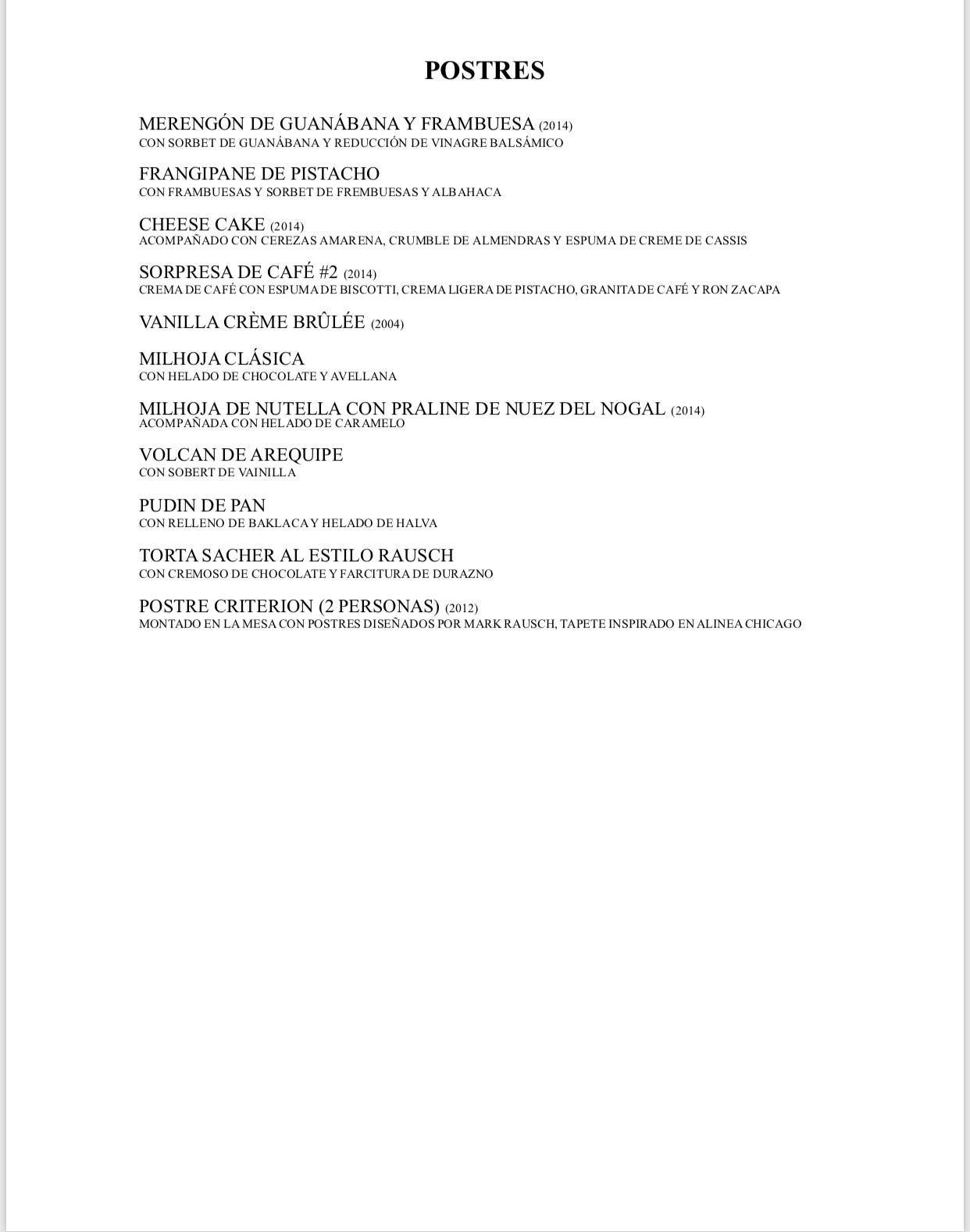 Carta del restaurante Criterión, Bogotá