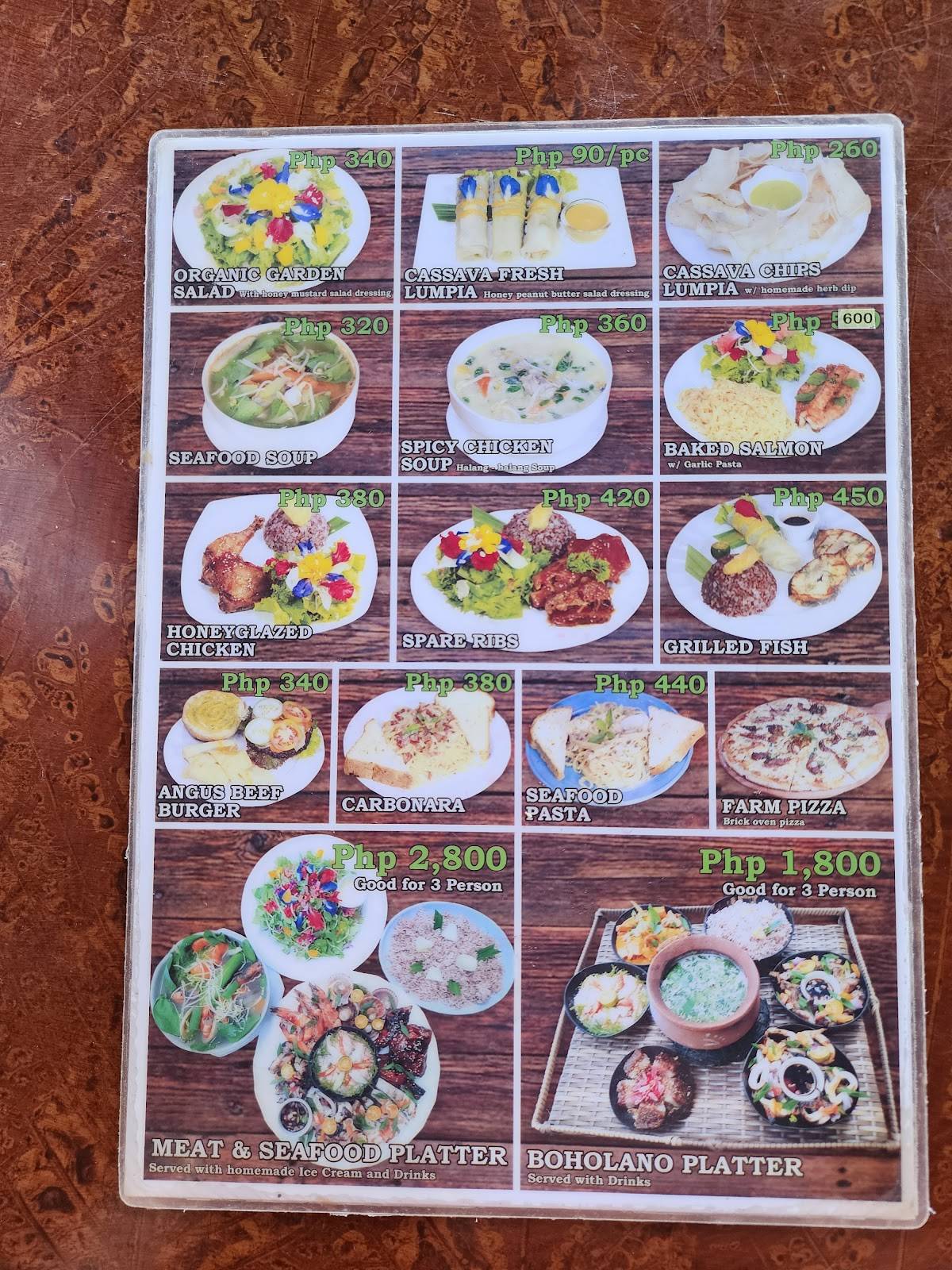 Menu at Bohol Farm restaurant, Dauis